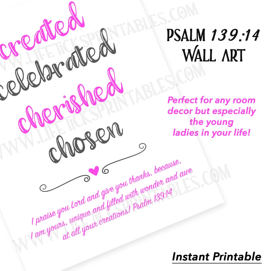 Psalm 139 Verse 14 Wall Art Instant Printable Girls Bedroom Art Gift ...