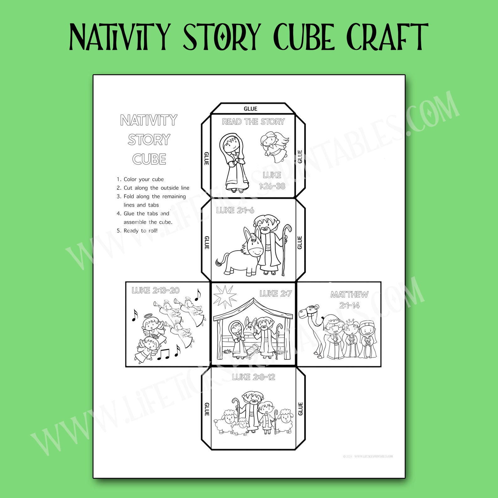 Christmas Nativity Story Coloring Cube Craft: Bible Verse Activity (PDF ...
