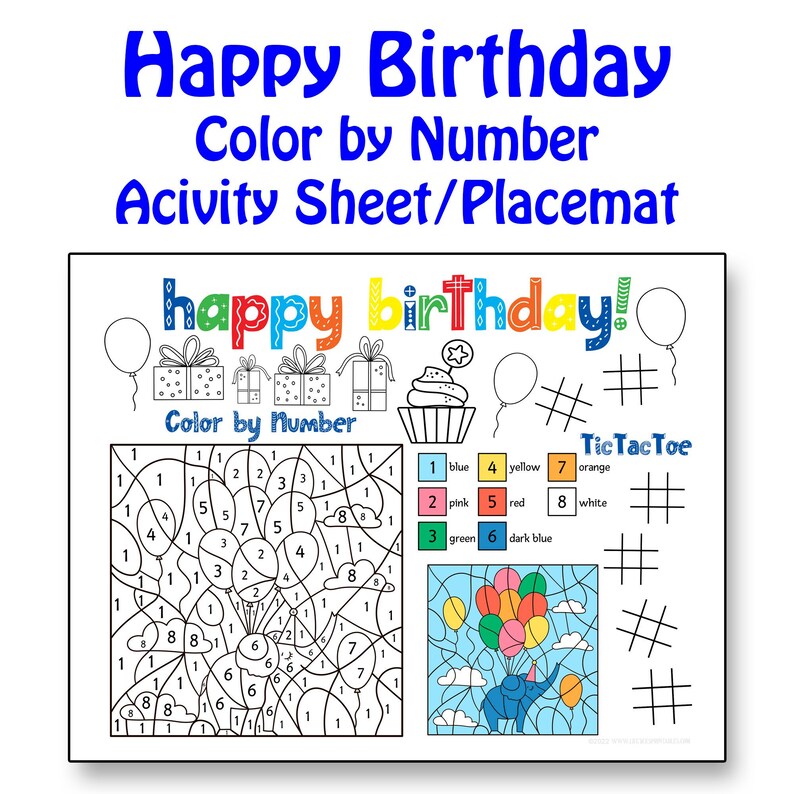Birthday Color by Number Activity Sheet | Party Table Placemat ...