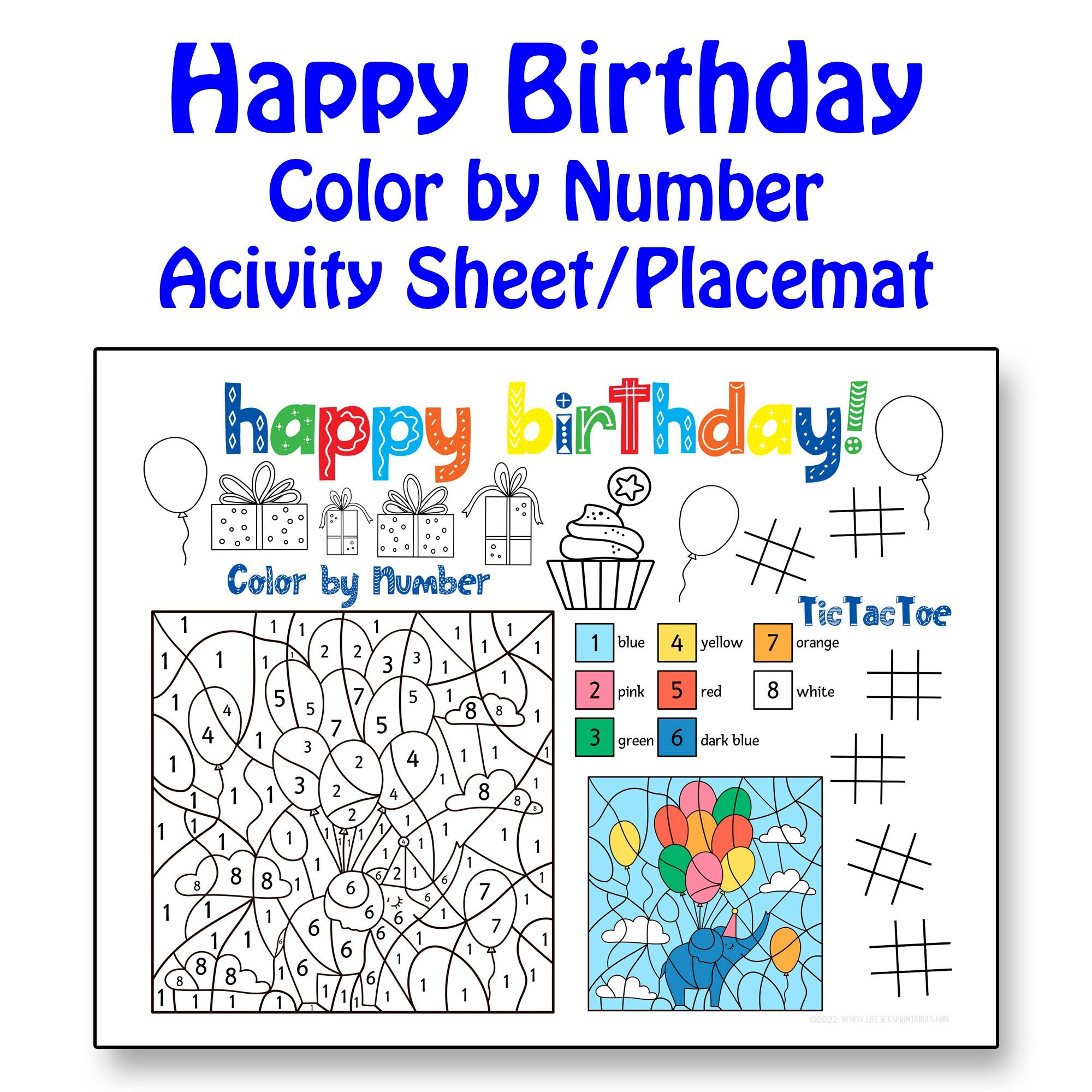 Birthday Color by Number Activity Sheet | Party Table Placemat ...