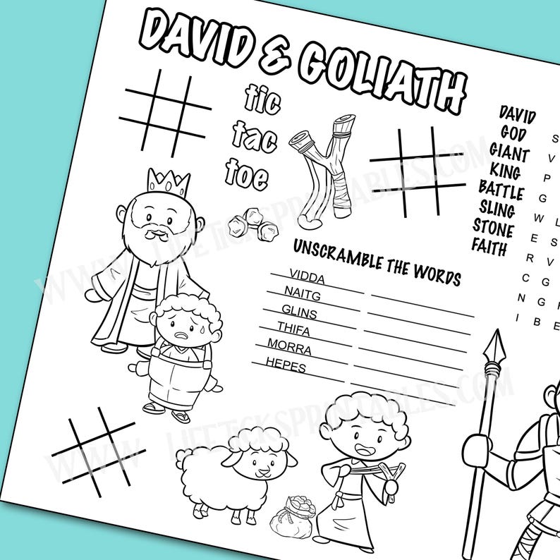 David & Goliath Activity Page: Bible Story Coloring, Word Games (PDF ...
