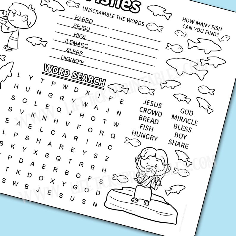Loaves and Fishes Bible Story Activity: Coloring Page, Word Games (PDF ...