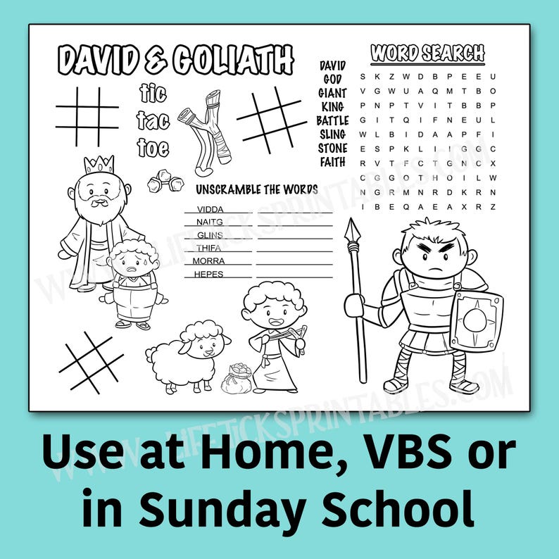 David & Goliath Activity Page: Bible Story Coloring, Word Games (PDF ...