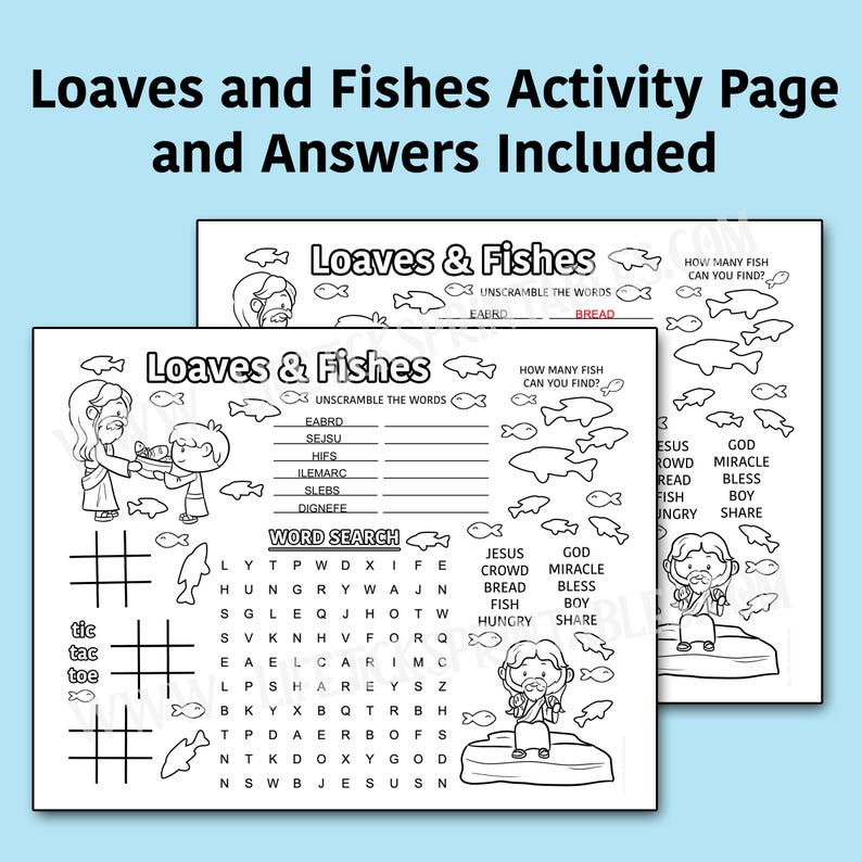 Loaves and Fishes Bible Story Activity: Coloring Page, Word Games (PDF ...