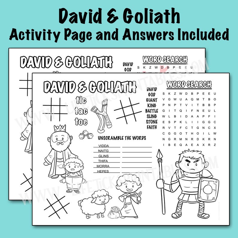 David & Goliath Activity Page: Bible Story Coloring, Word Games (PDF ...