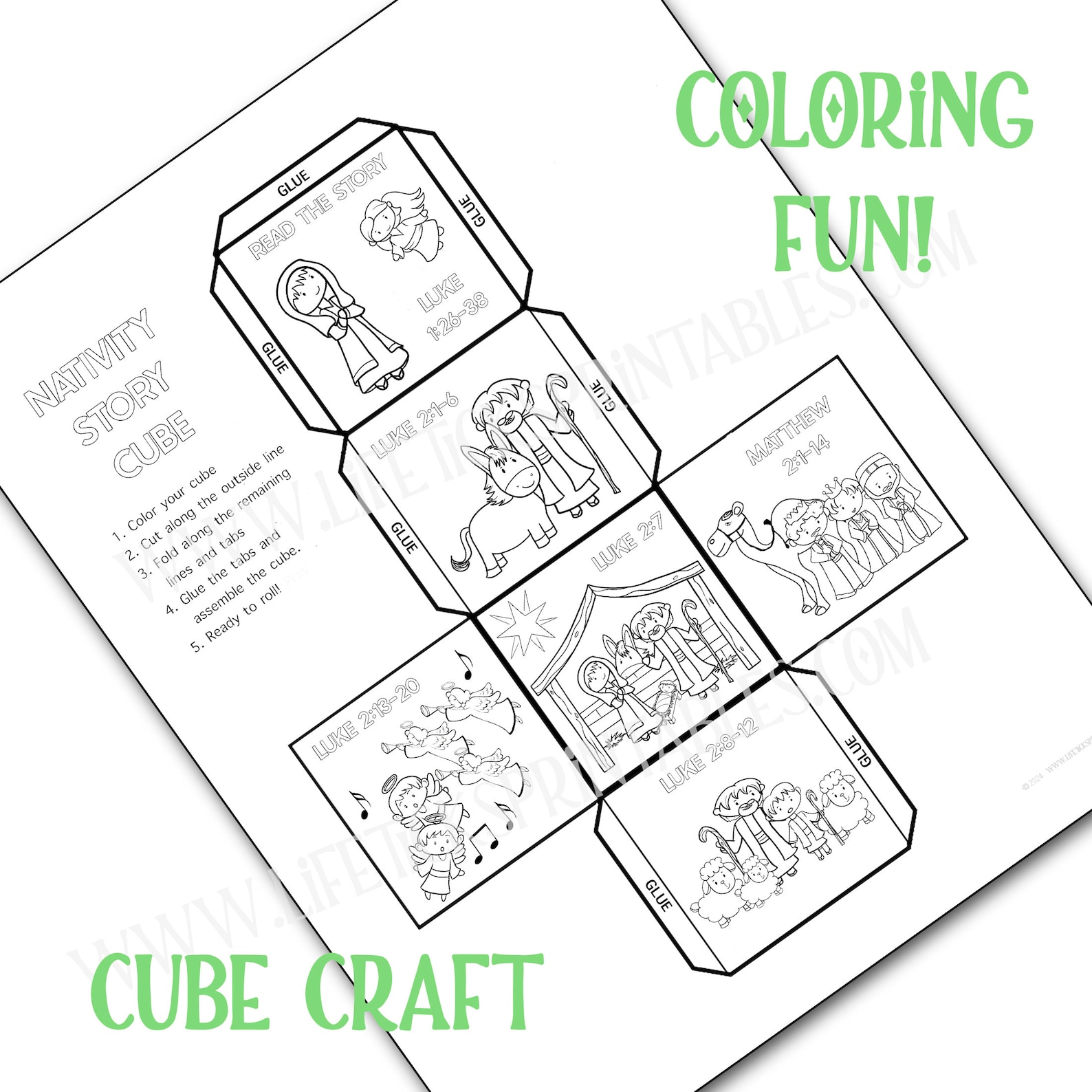 Christmas Nativity Story Coloring Cube Craft: Bible Verse Activity (PDF ...