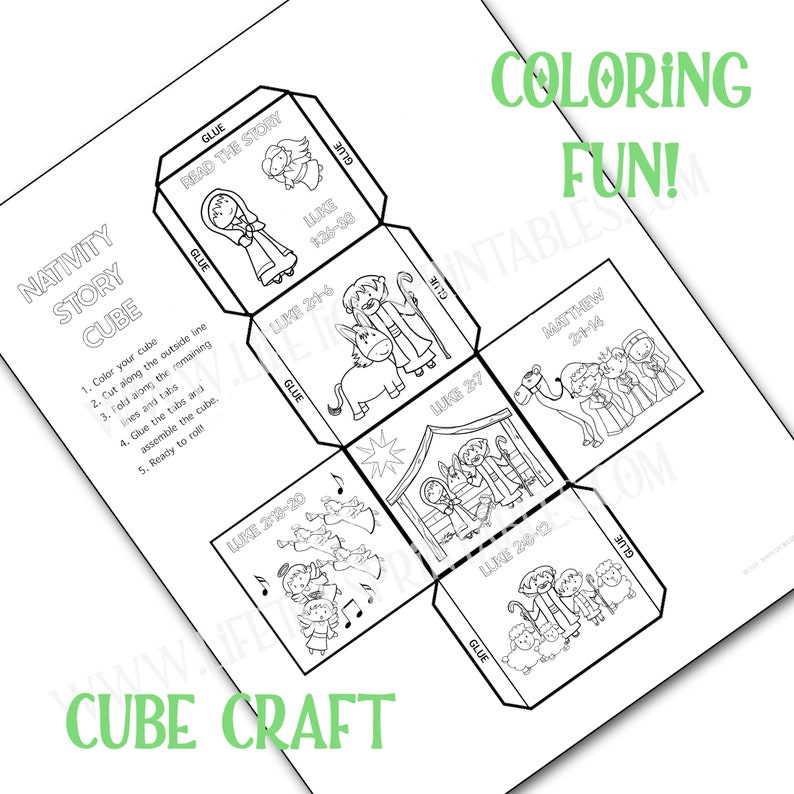 Christmas Nativity Story Coloring Cube Craft: Bible Verse Activity (PDF ...