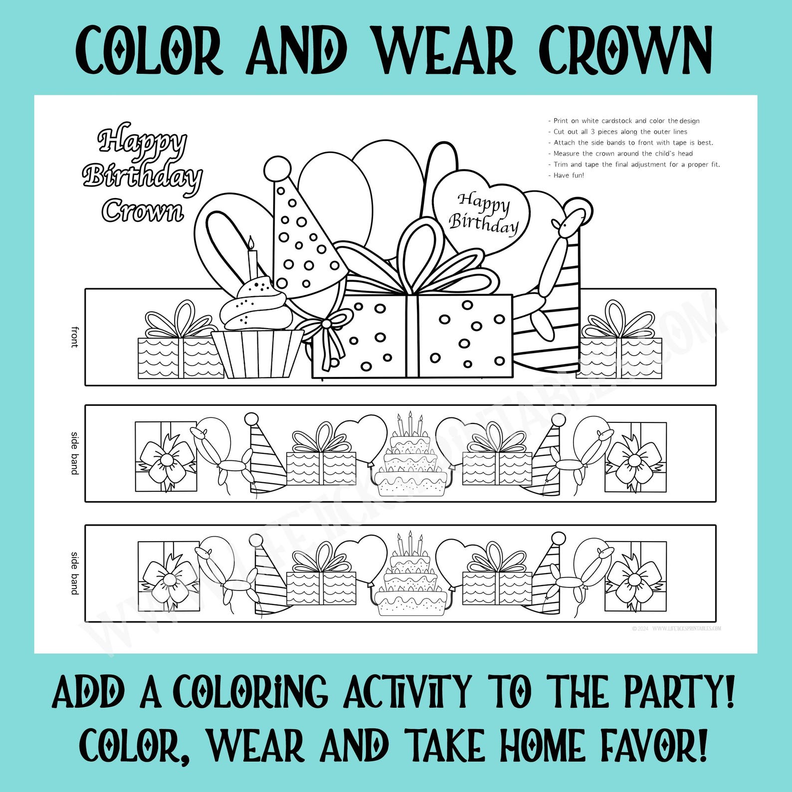 Happy Birthday Printable Crown | Coloring Activity Party Favor | Color ...