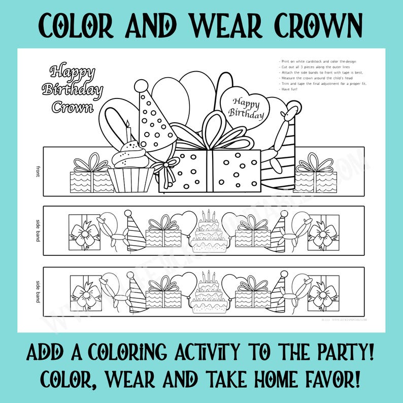 Happy Birthday Printable Crown | Coloring Activity Party Favor | Color ...