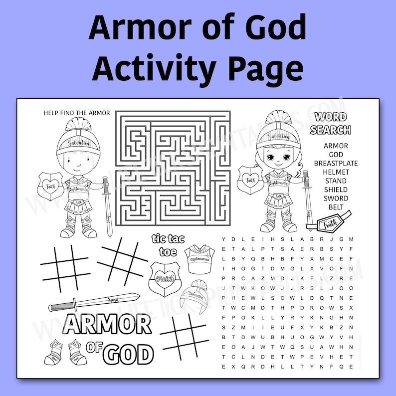 Armor of God Activity | Bible Coloring Page | Word Search | Maze ...