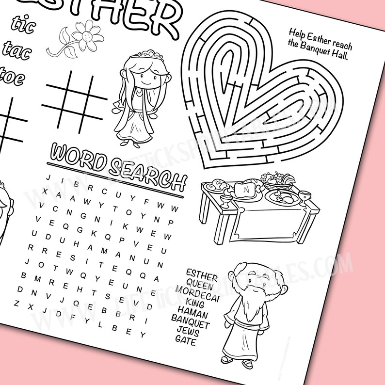 Queen Esther Bible Story Activity: Coloring Page, Word Search, Maze ...