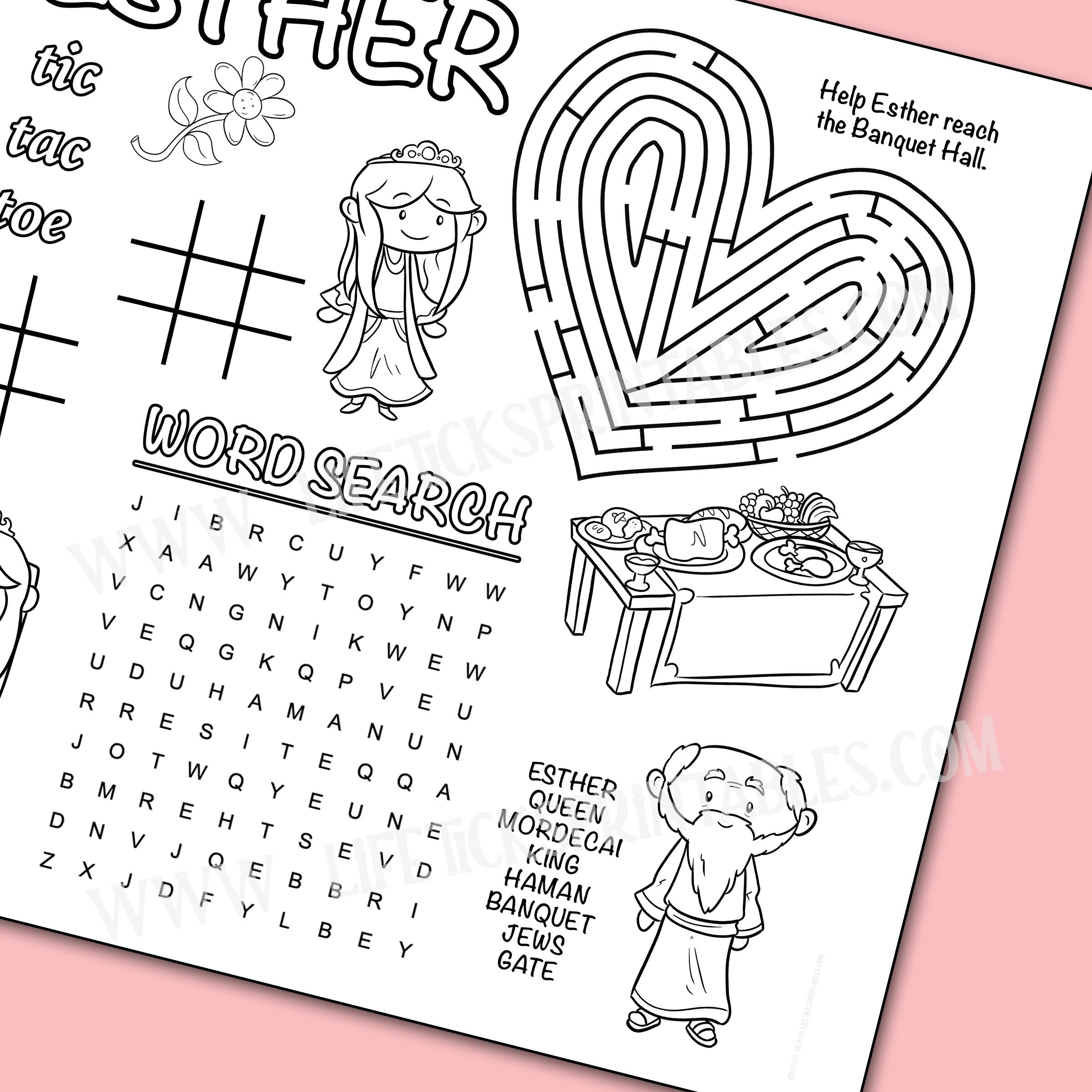 Queen Esther Bible Story Activity: Coloring Page, Word Search, Maze ...