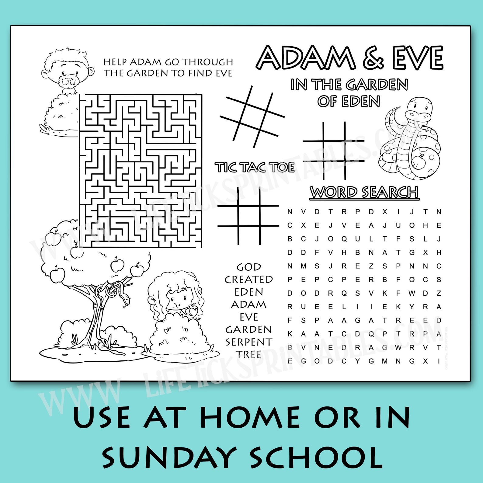 Adam and Eve Activity Page: Bible Story Coloring, Maze, Word Search ...