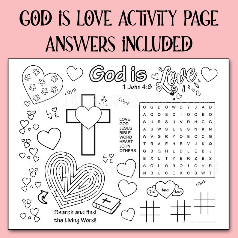 God is Love Activity Page: Bible Coloring, Word Search, Maze (PDF ...
