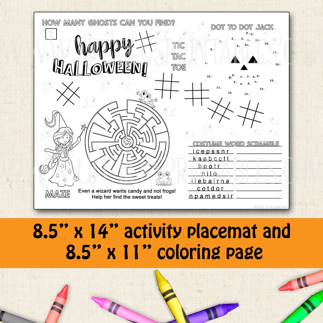 Kid's Halloween Printable Activity Party Placemat for Home Party or ...