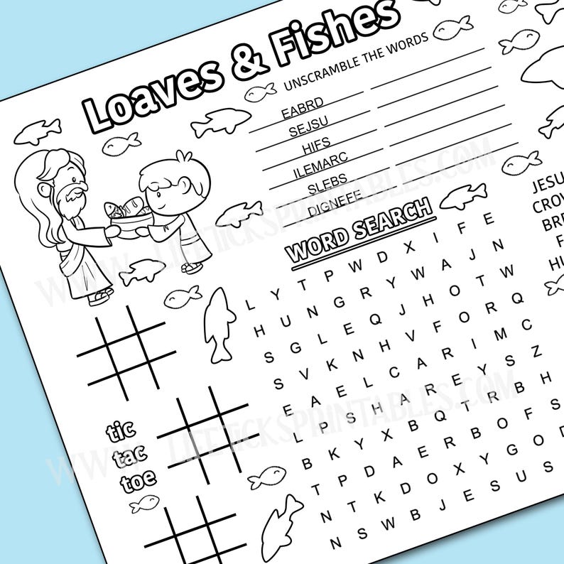 Loaves and Fishes Bible Story Activity: Coloring Page, Word Games (PDF ...