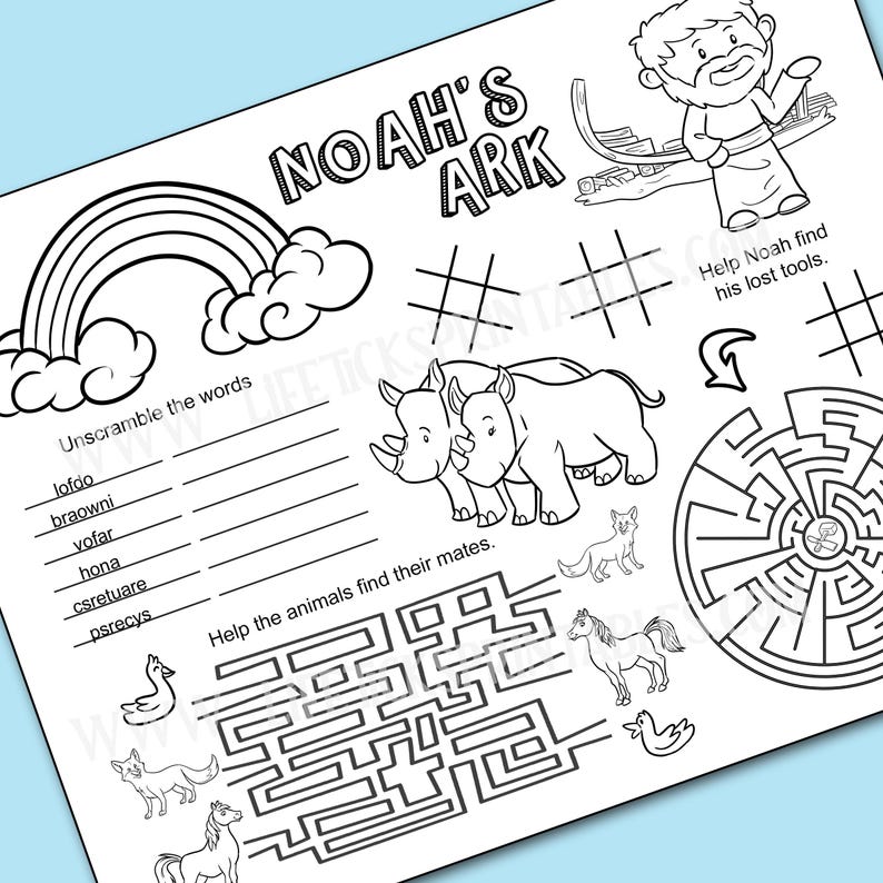 Noah's Ark Activity | Bible Story Coloring Page | Word Scramble | Mazes ...