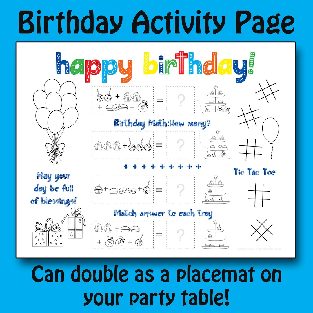 Happy Birthday Math Puzzles Activity Sheet Party Table Placemat ...