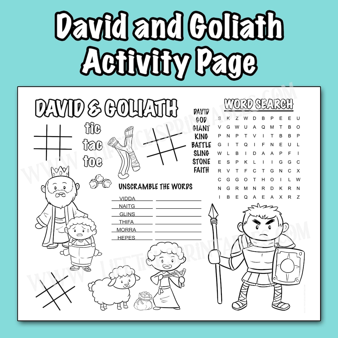 David & Goliath Activity Page: Bible Story Coloring, Word Games (PDF ...