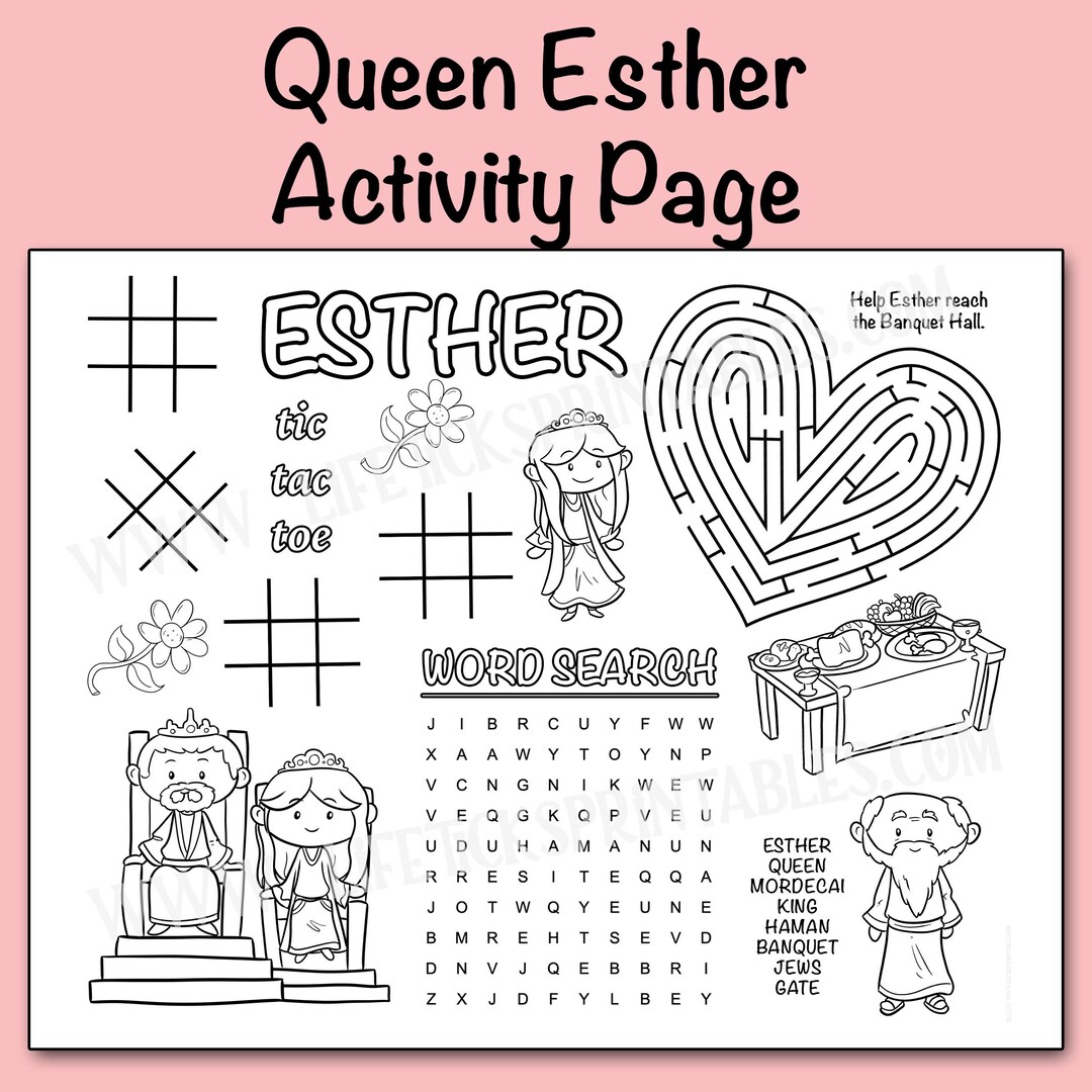 Queen Esther Bible Story Activity: Coloring Page, Word Search, Maze ...