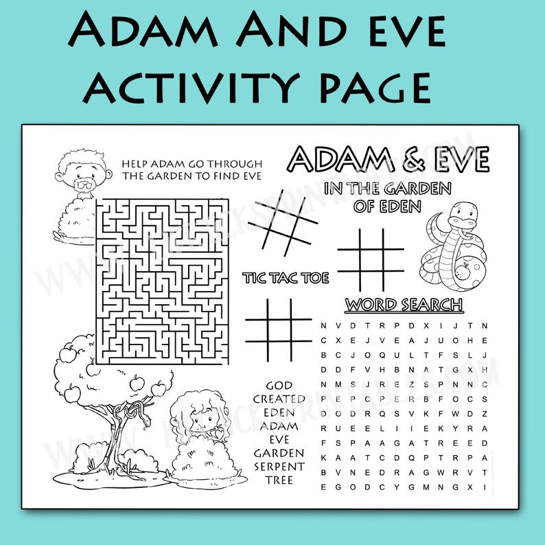 Adam and Eve Activity Page: Bible Story Coloring, Maze, Word Search ...