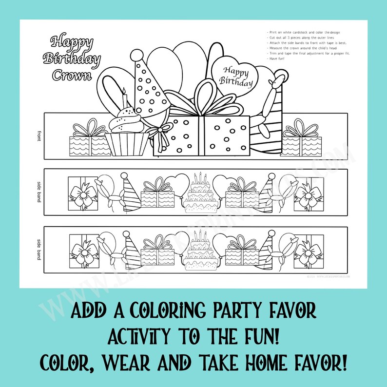 Happy Birthday Printable Crown | Coloring Activity Party Favor | Color ...