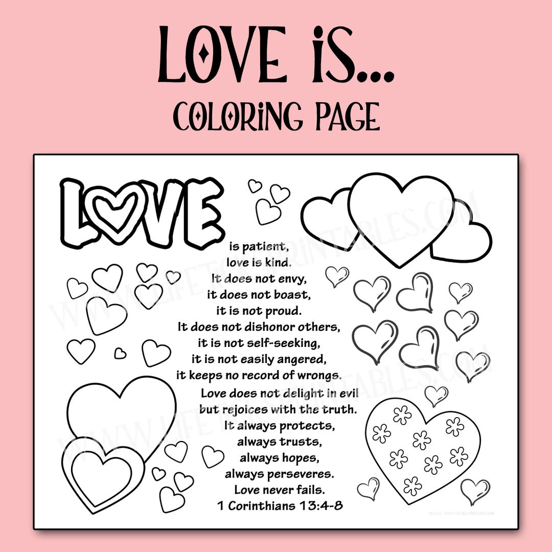 Love is Coloring Page - 1 Corinthians 13:4-8 Bible Verse Sunday School ...