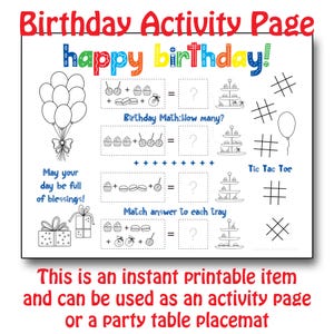 Happy Birthday Math Puzzles: Coloring Placemat Activity (PDF Download ...