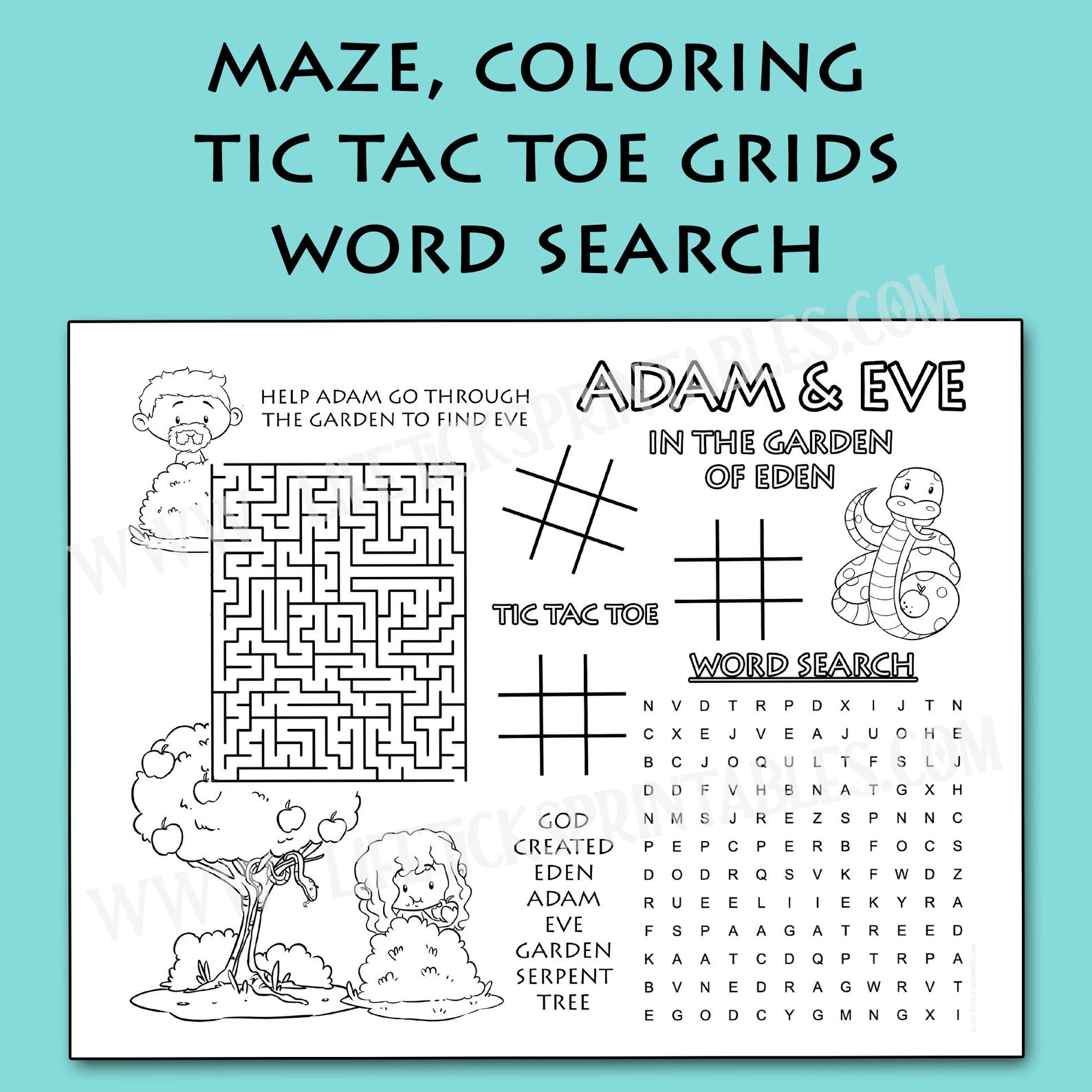 Adam and Eve Activity Page: Bible Story Coloring, Maze, Word Search ...