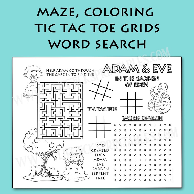 Adam and Eve Activity Page: Bible Story Coloring, Maze, Word Search ...