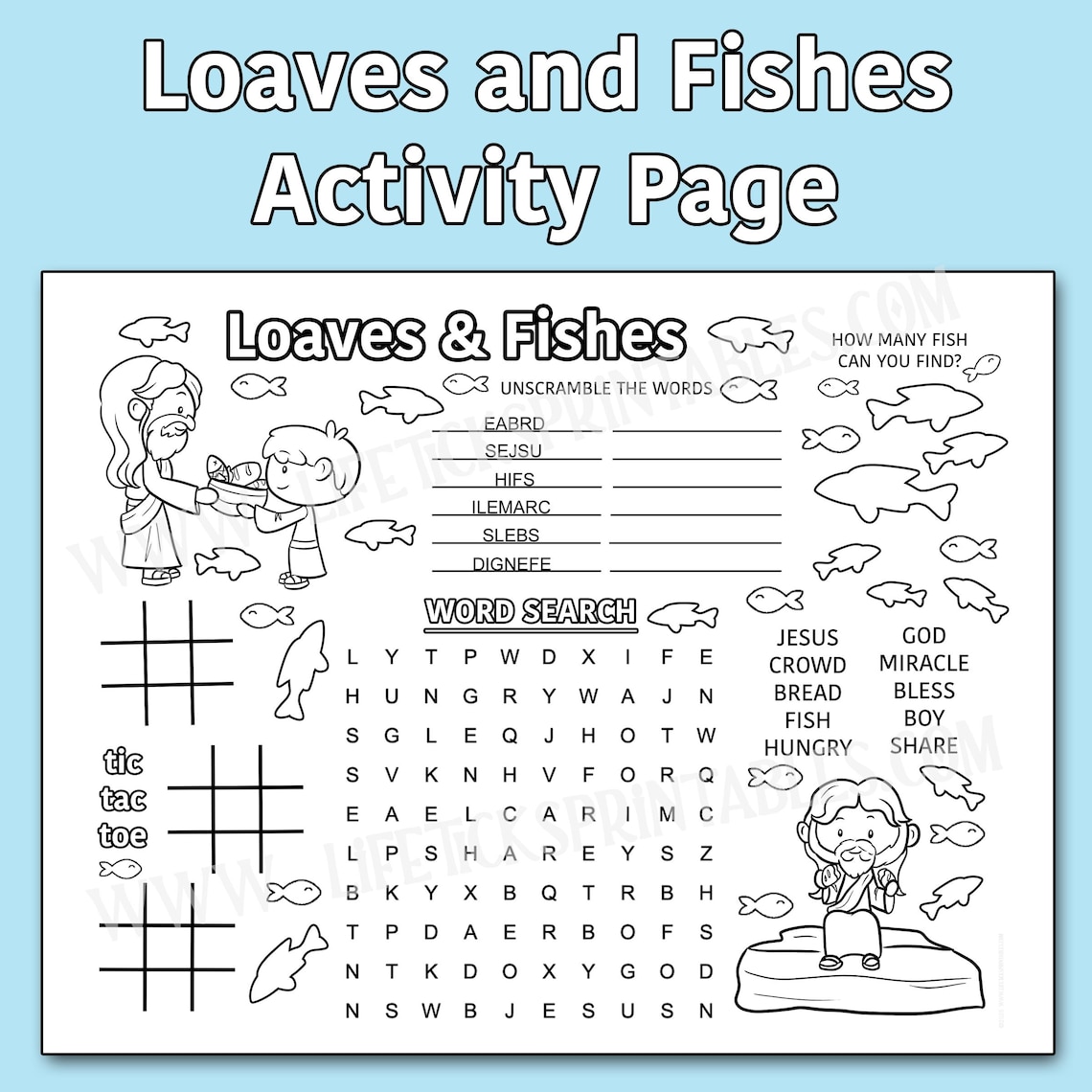 Loaves and Fishes Bible Story Activity: Coloring Page, Word Games (PDF ...