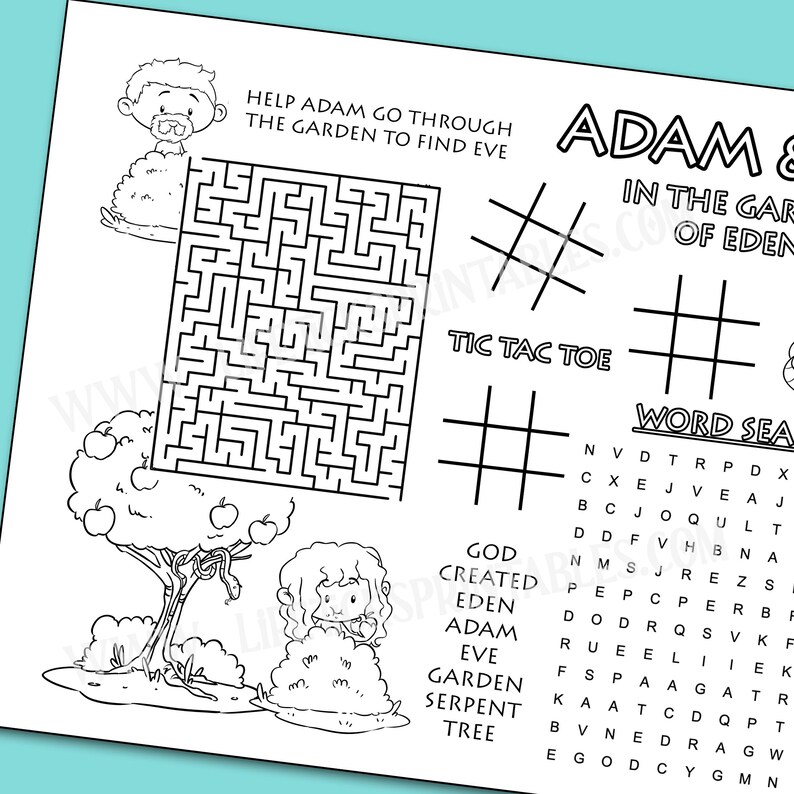 Adam and Eve Activity Page: Bible Story Coloring, Maze, Word Search ...