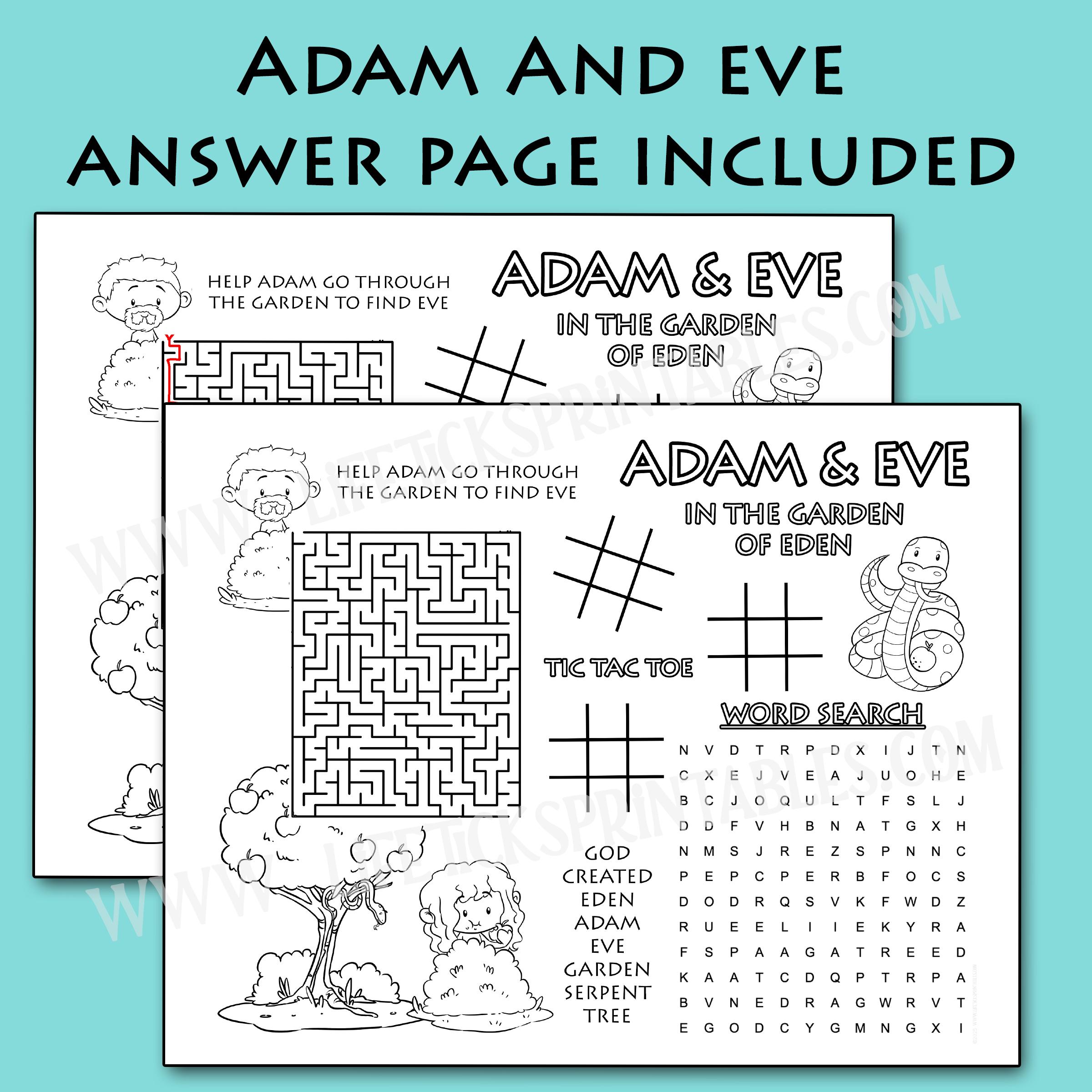 Adam and Eve Activity Page: Bible Story Coloring, Maze, Word Search ...