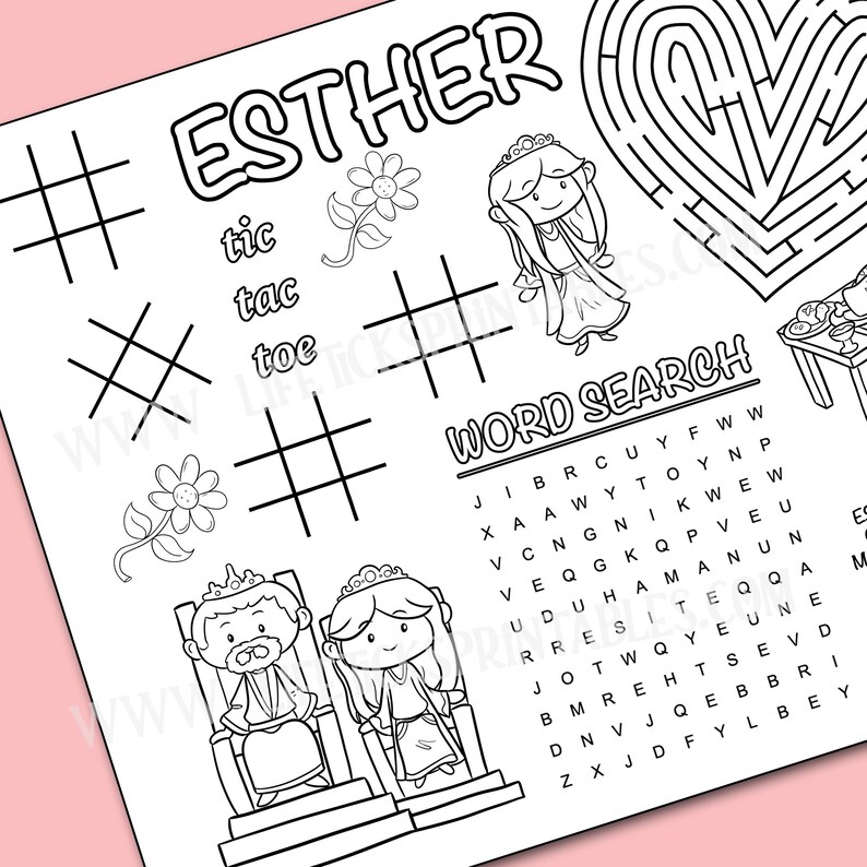 Queen Esther Bible Story Activity: Coloring Page, Word Search, Maze ...
