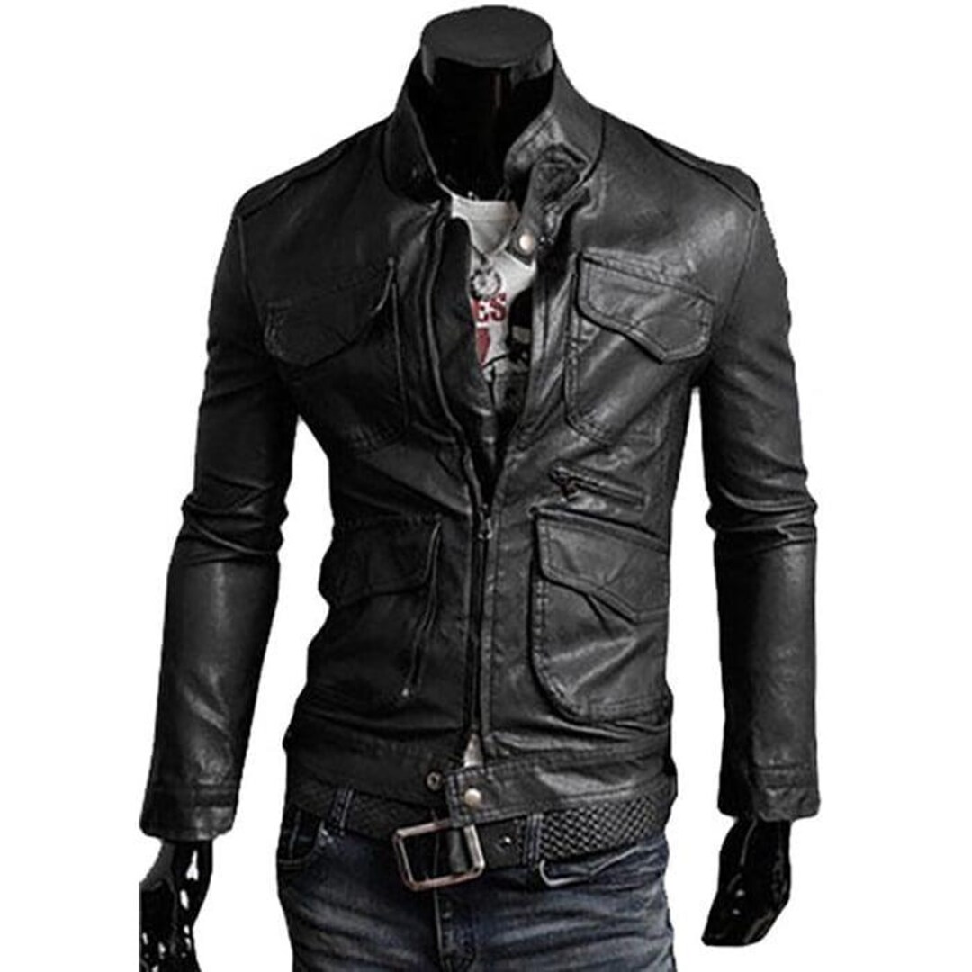 Rindway Men's Slim Fit Five Front Pocket Black Genuine Leather Biker ...