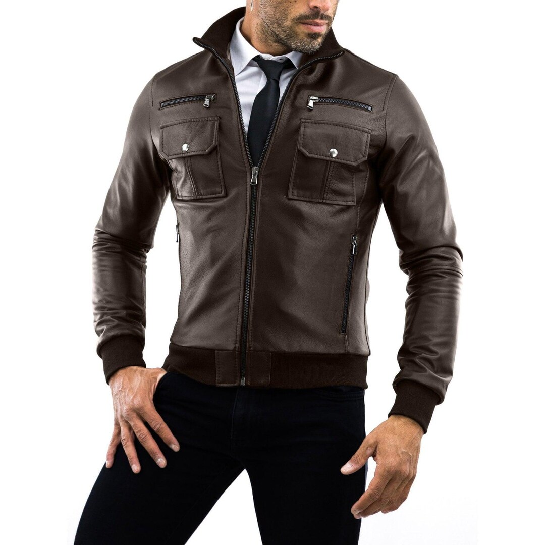 Rindway Men's Brown Genuine Leather Bomber Jacket With Six Pockets - Etsy