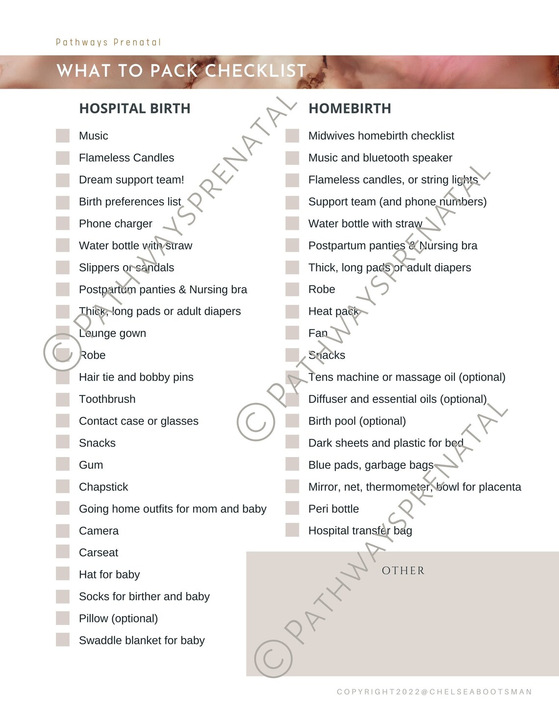 What to Pack Printable Handout for Pregnant Women, Birth Workers/doulas ...