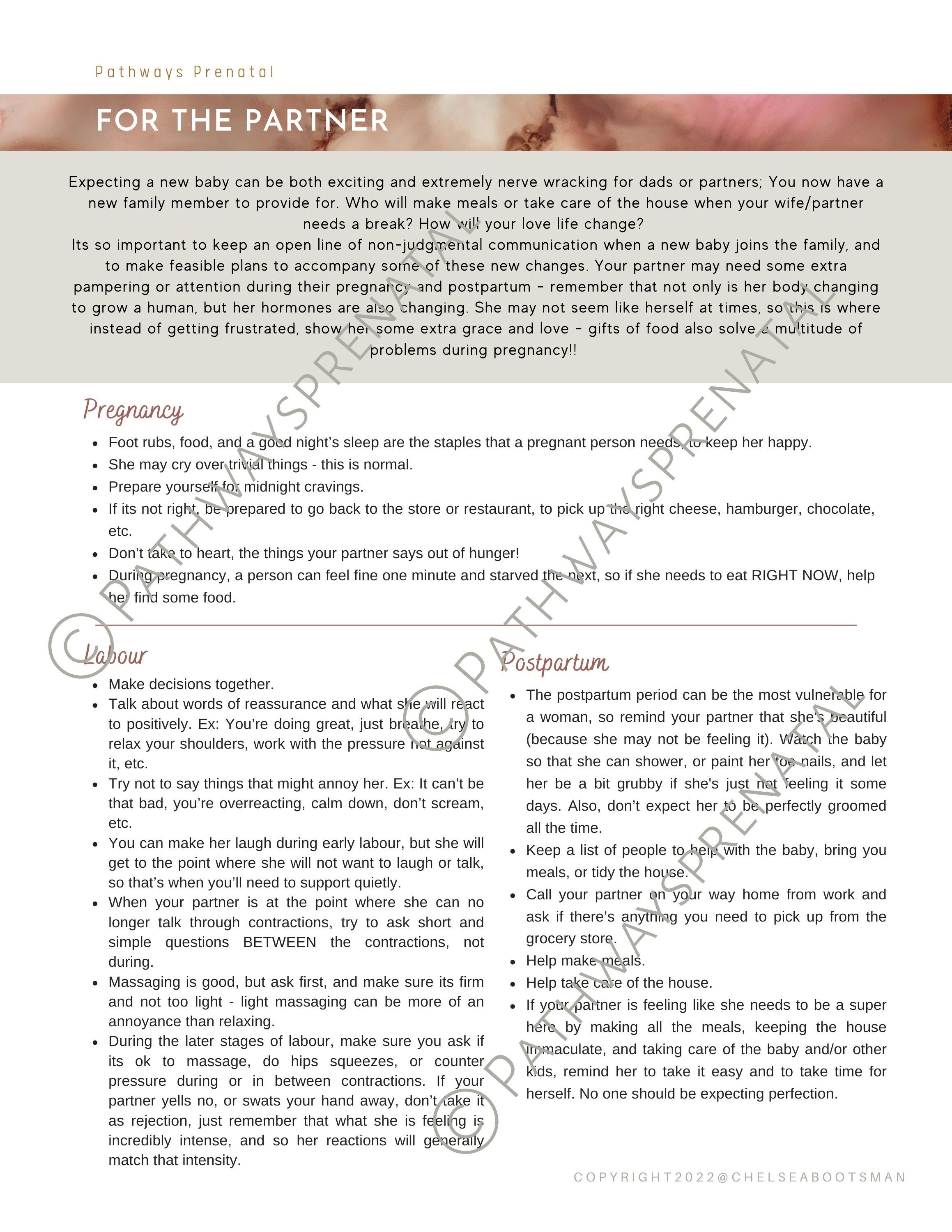 For the Partner Printable Handout for Pregnant Women, Birth Workers ...