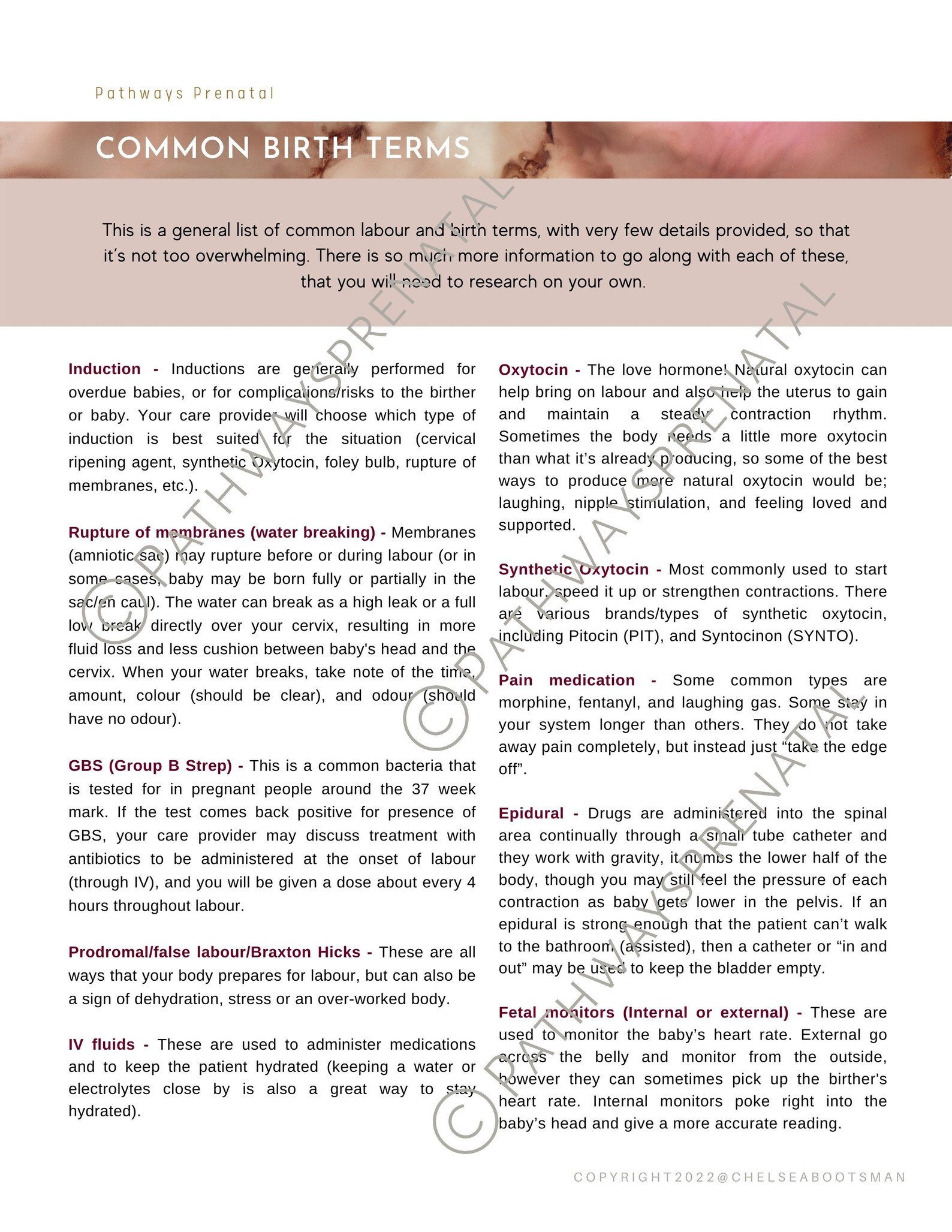 Common Birth Terms Birth Prep Printable Handout for Pregnant Women ...