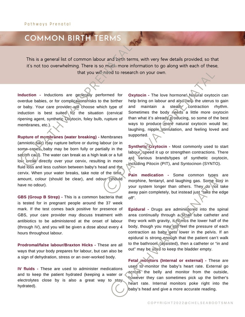 Common Birth Terms Birth Prep Printable Handout for Pregnant Women ...