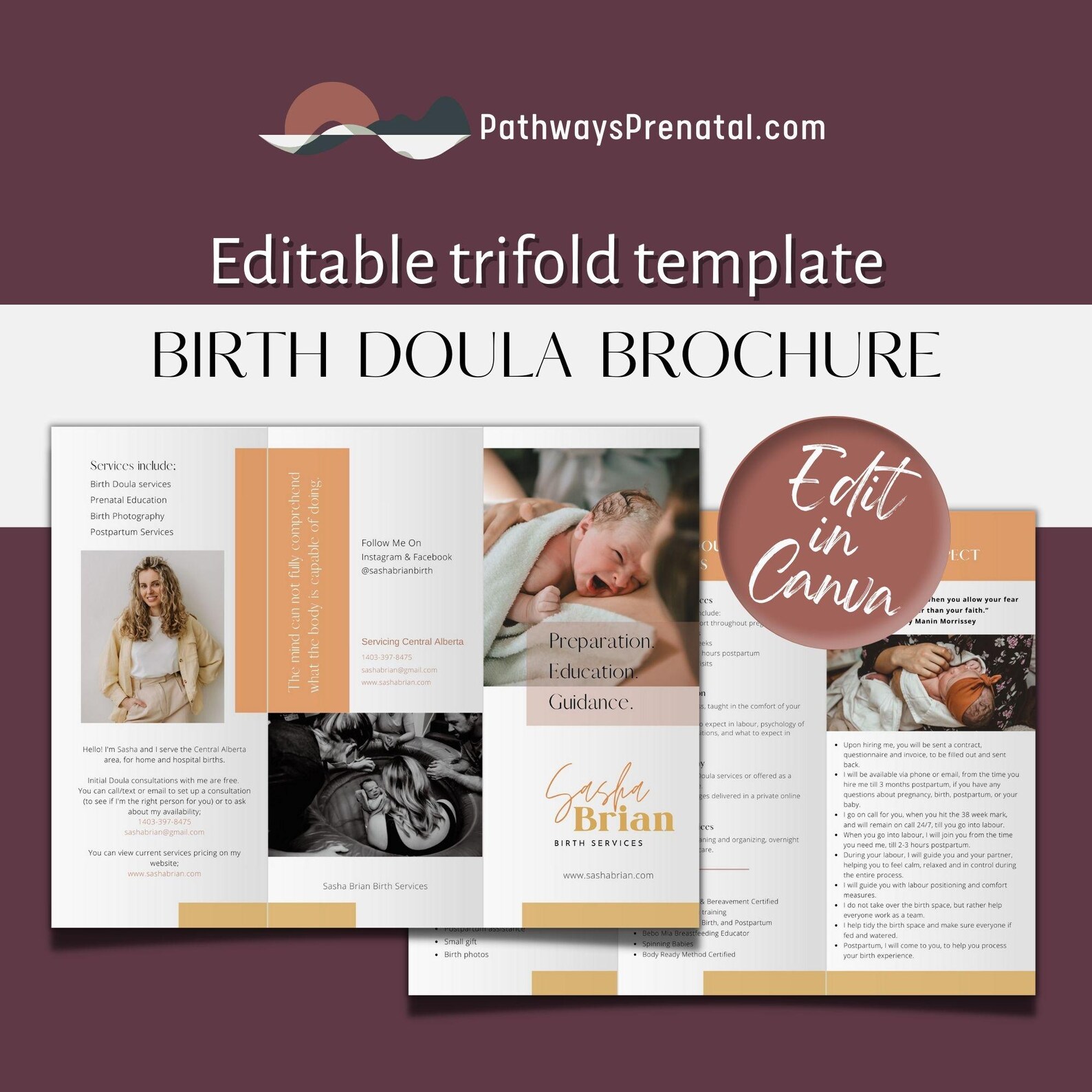 Doula Trifold Brochure Canva Template for Birth Doulas / Birthkeepers ...