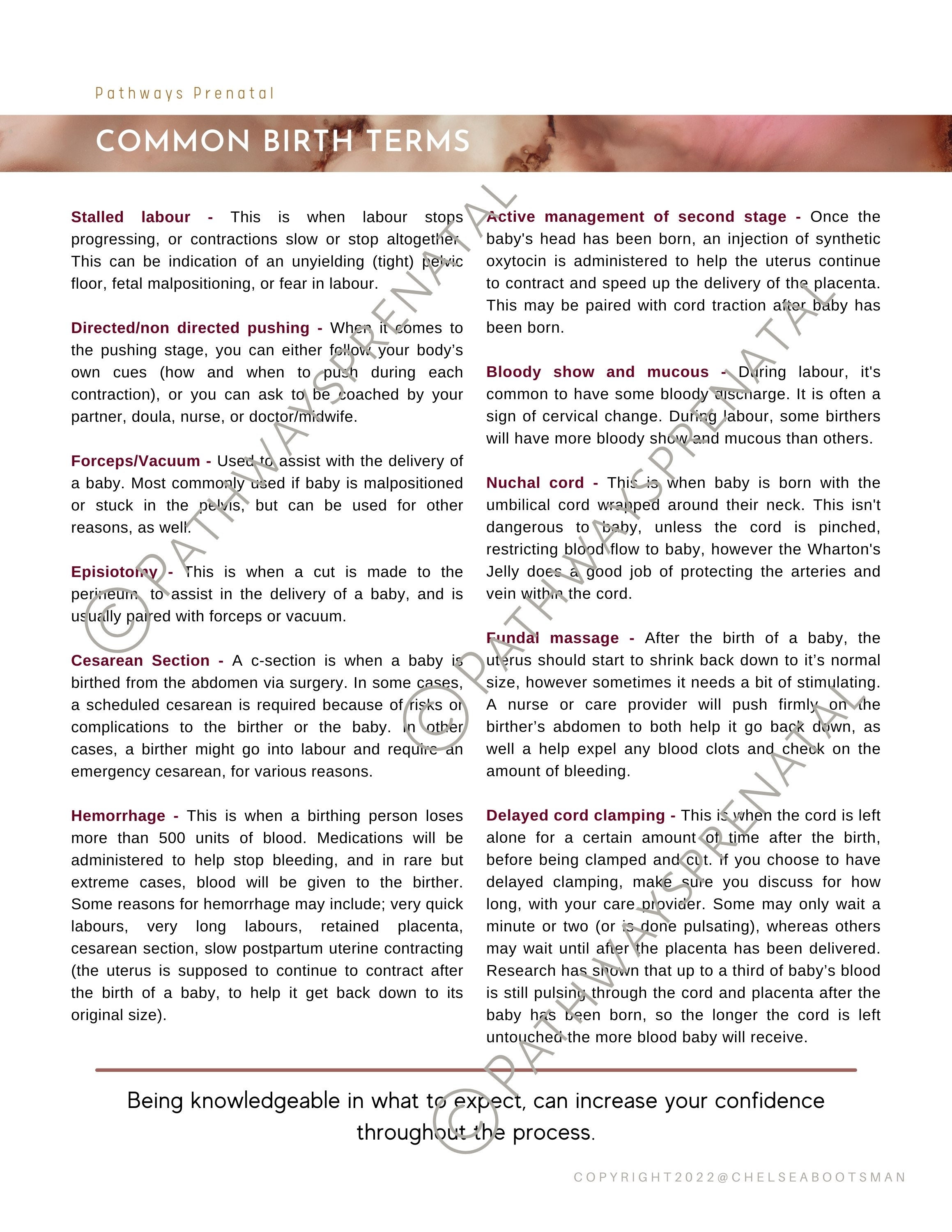 Common Birth Terms Birth Prep Printable Handout for Pregnant Women ...