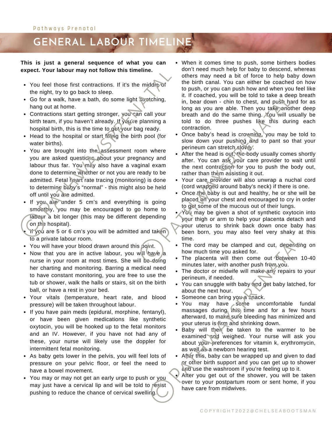 General Labour Timeline Printable Handout for Pregnant Women, Birth ...