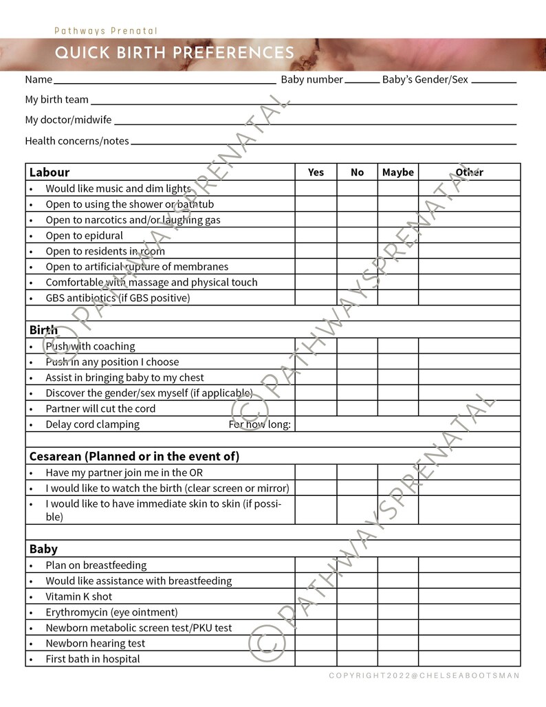 Birth Preferences Printable Handout for Pregnant Women Birth - Etsy