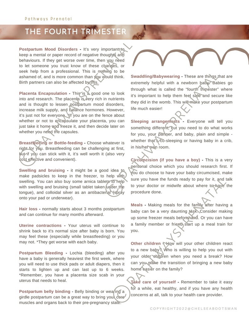 The Fourth Trimester Printable Handout for Pregnant Women, Birth ...