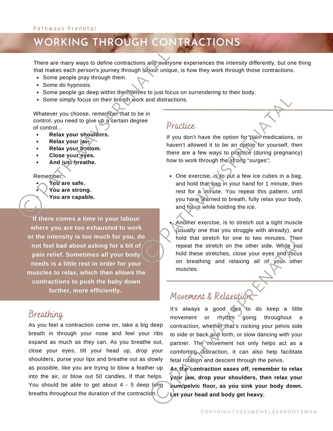 Working Through Contractions Printable Handout for Pregnant Women ...