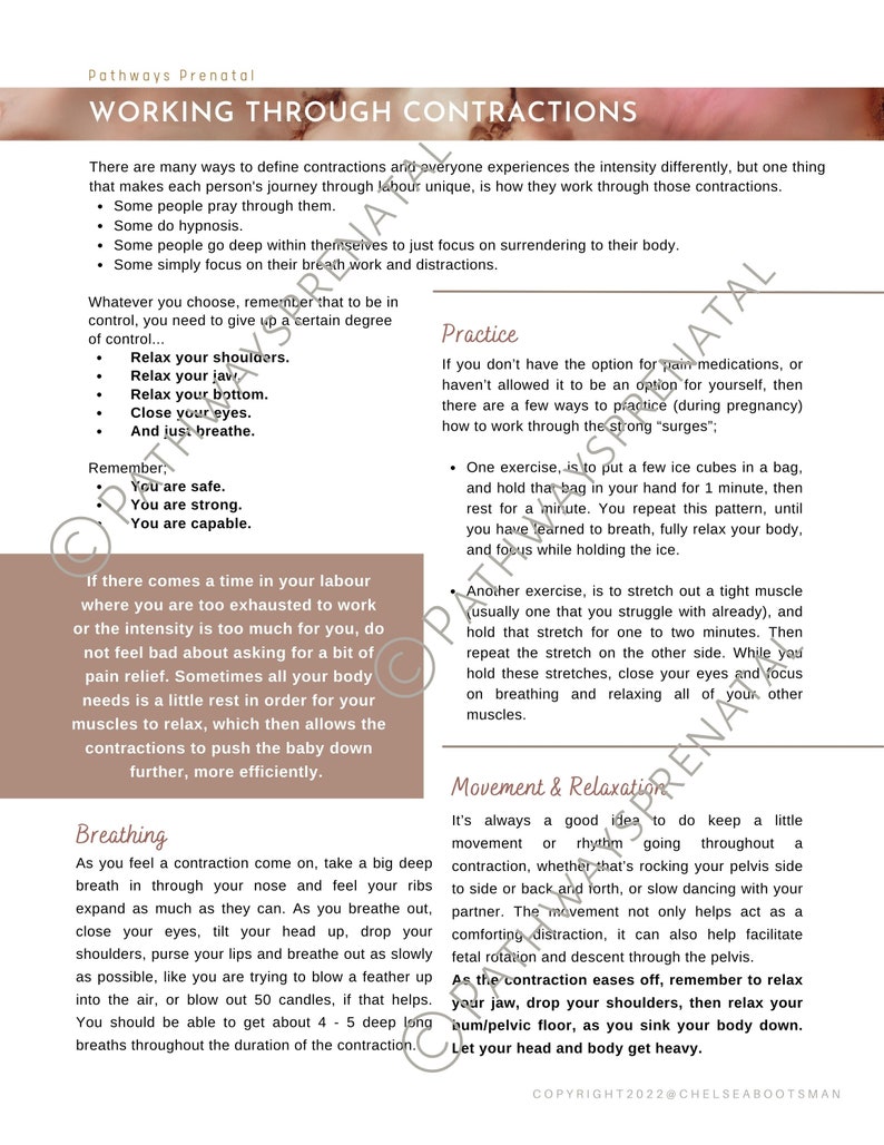 Working Through Contractions Printable Handout for Pregnant Women ...