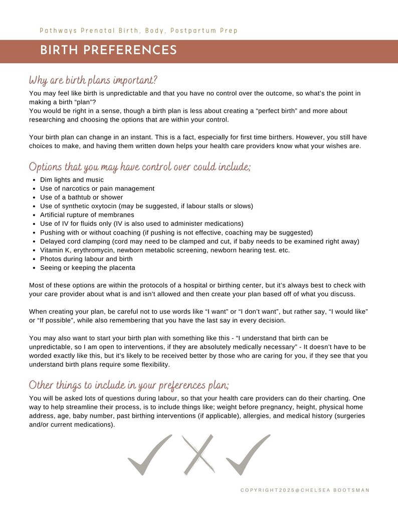 Birth Preferences Printable Handout for Pregnant Women, Birth Workers ...