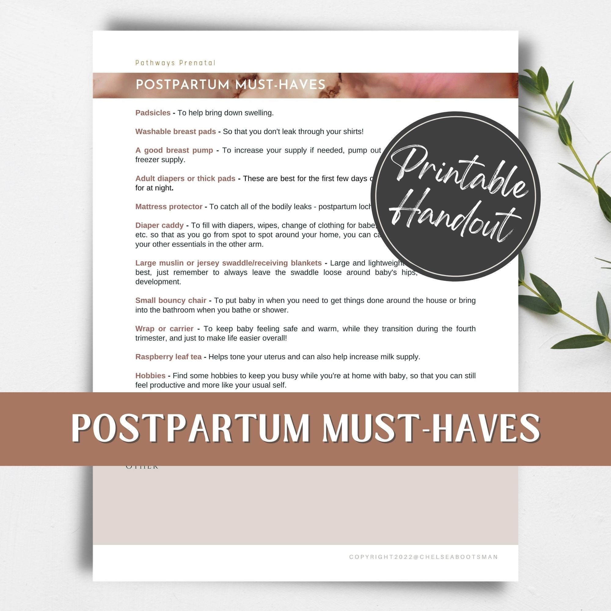 Postpartum Must-haves Printable Handout for Pregnant Women, Birth ...