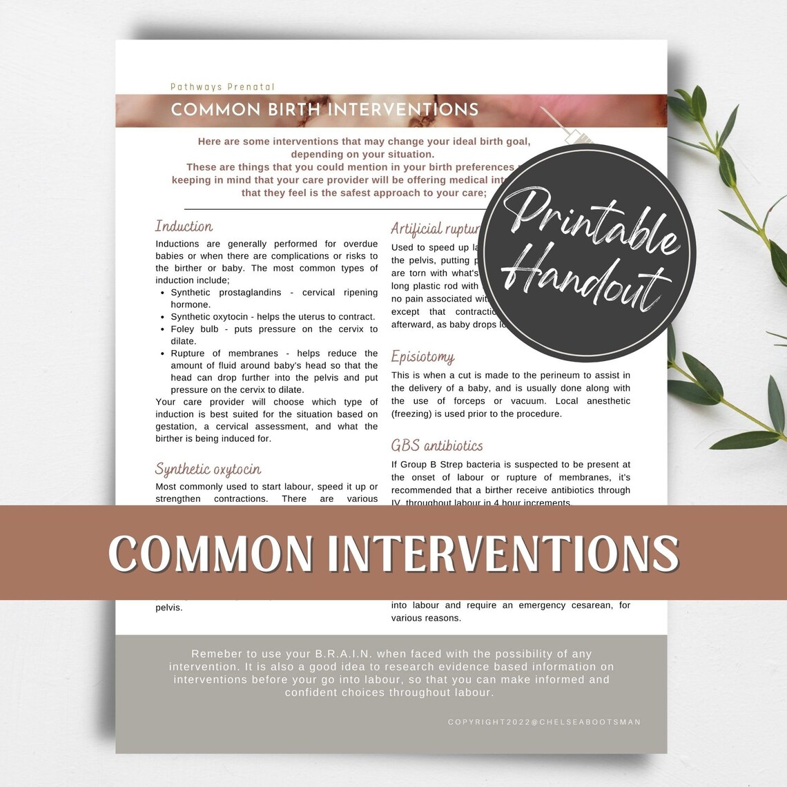 Common Birth Interventions Printable Handout for Pregnant Women, Birth ...
